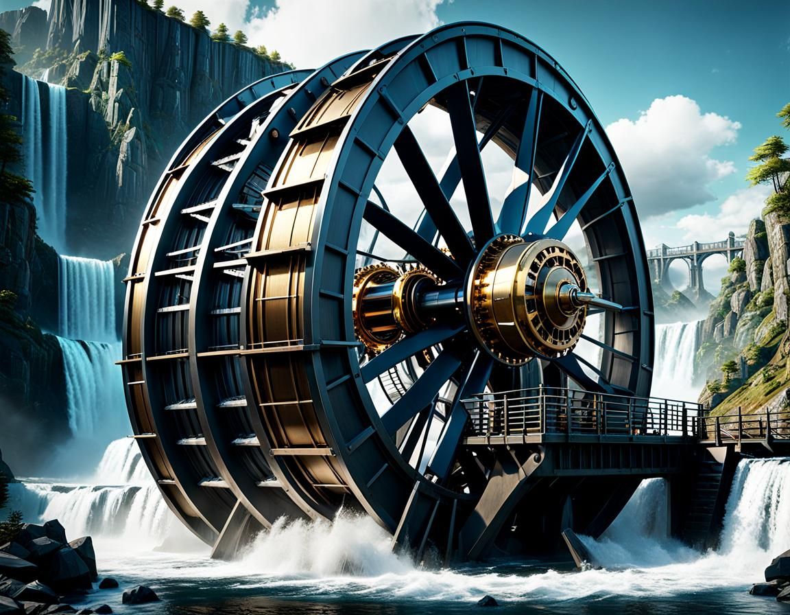 Huge waterwheel over a massive fast flowing river, intricate mech ...