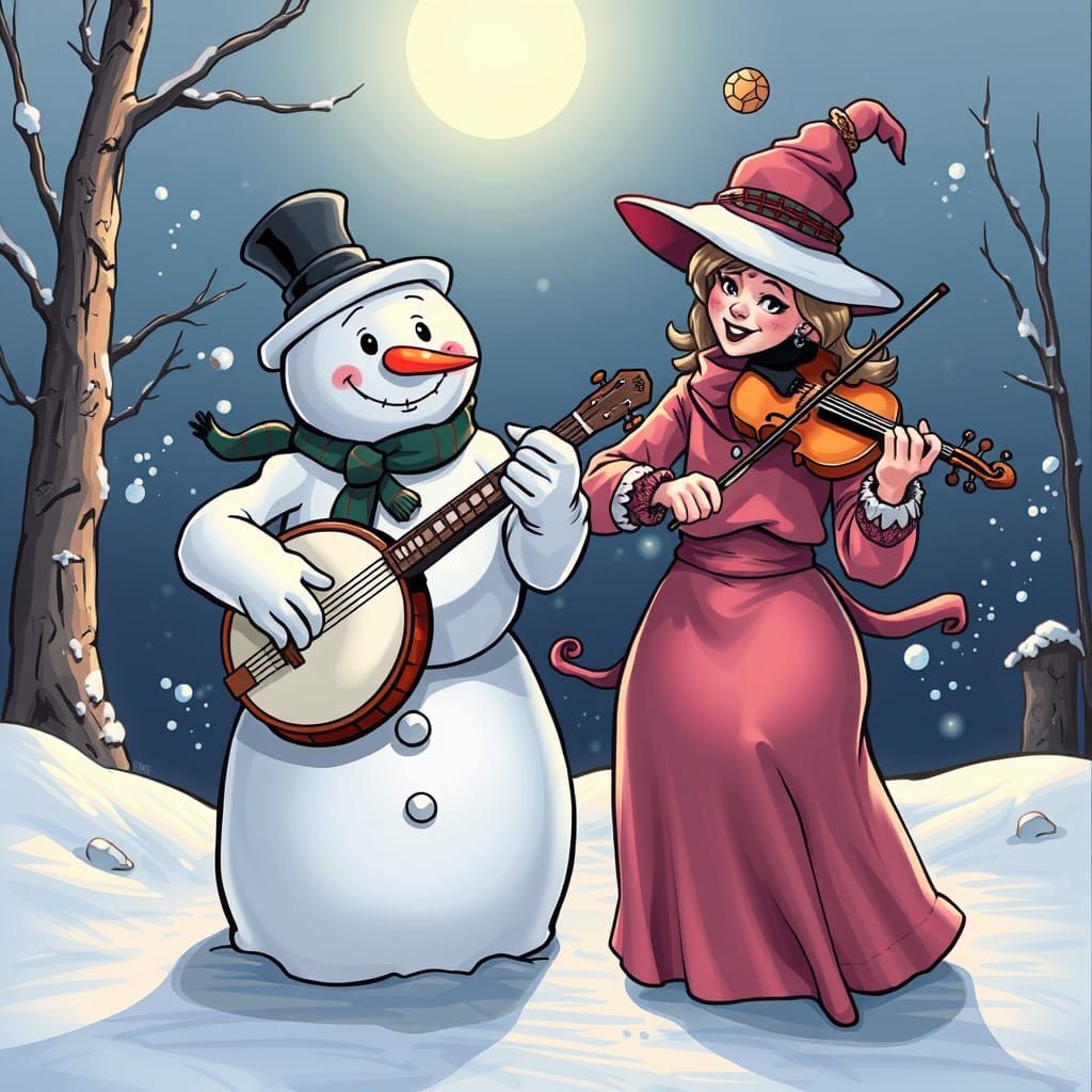 Snowman playing banjo and a woman in a pink dress playing a fiddle