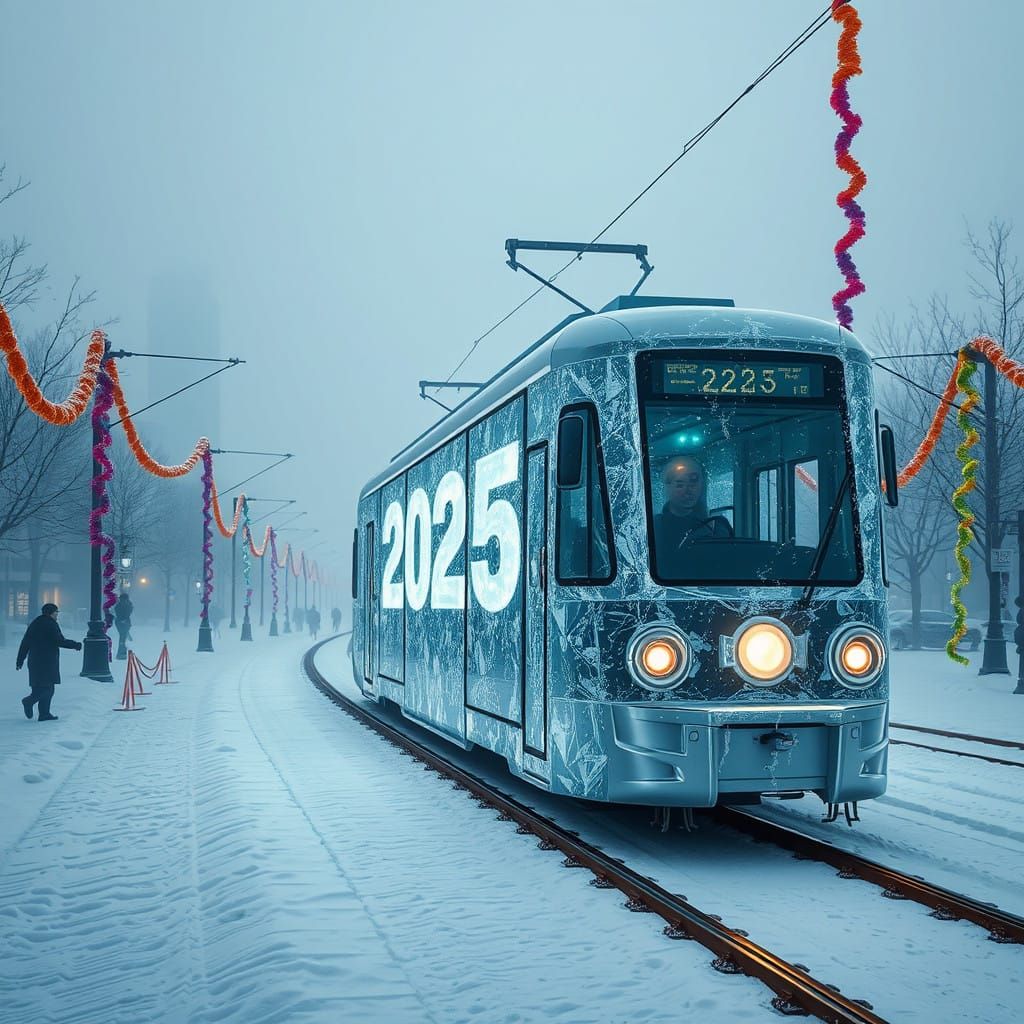 a tram made of transparent crystal ice, rides through a winter snow ...