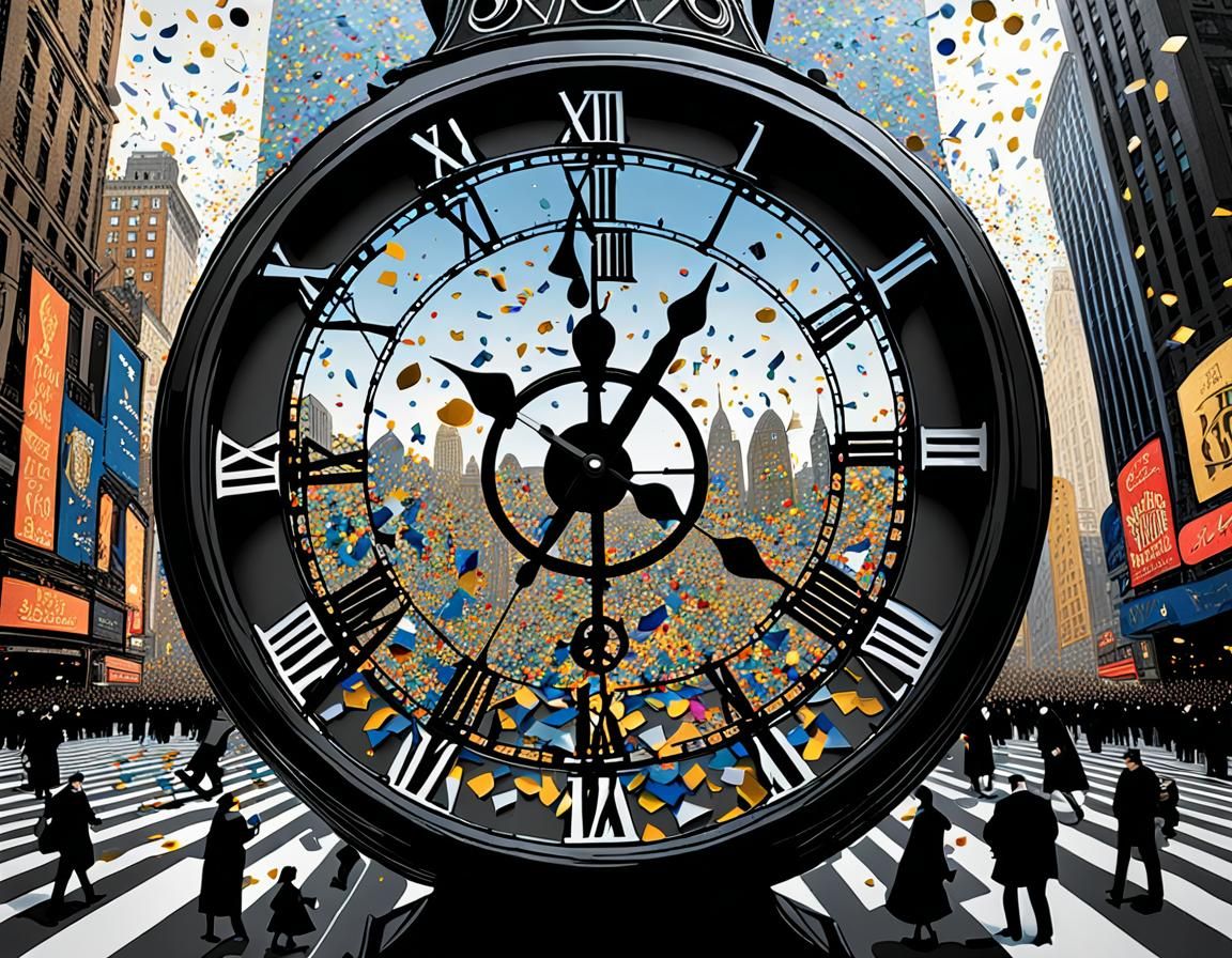 In the style of M. C. Escher new years clock at 12 ball dropping Time ...