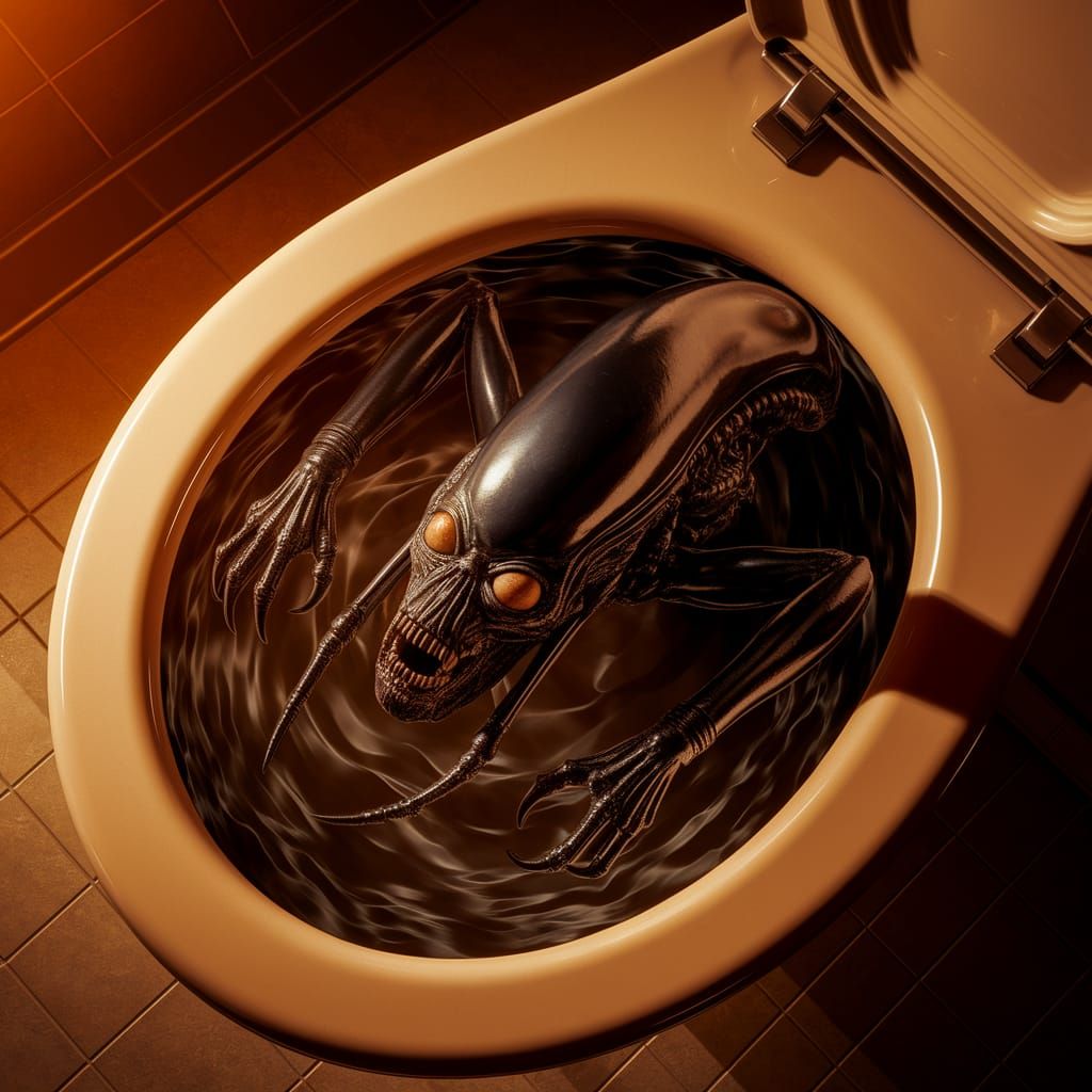 Eerie Facehugger Horror Floats in Darkened Bathroo... - AI Art