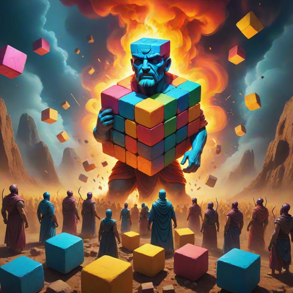 a cube-headed God appears over a primitive cube society. epic action ...
