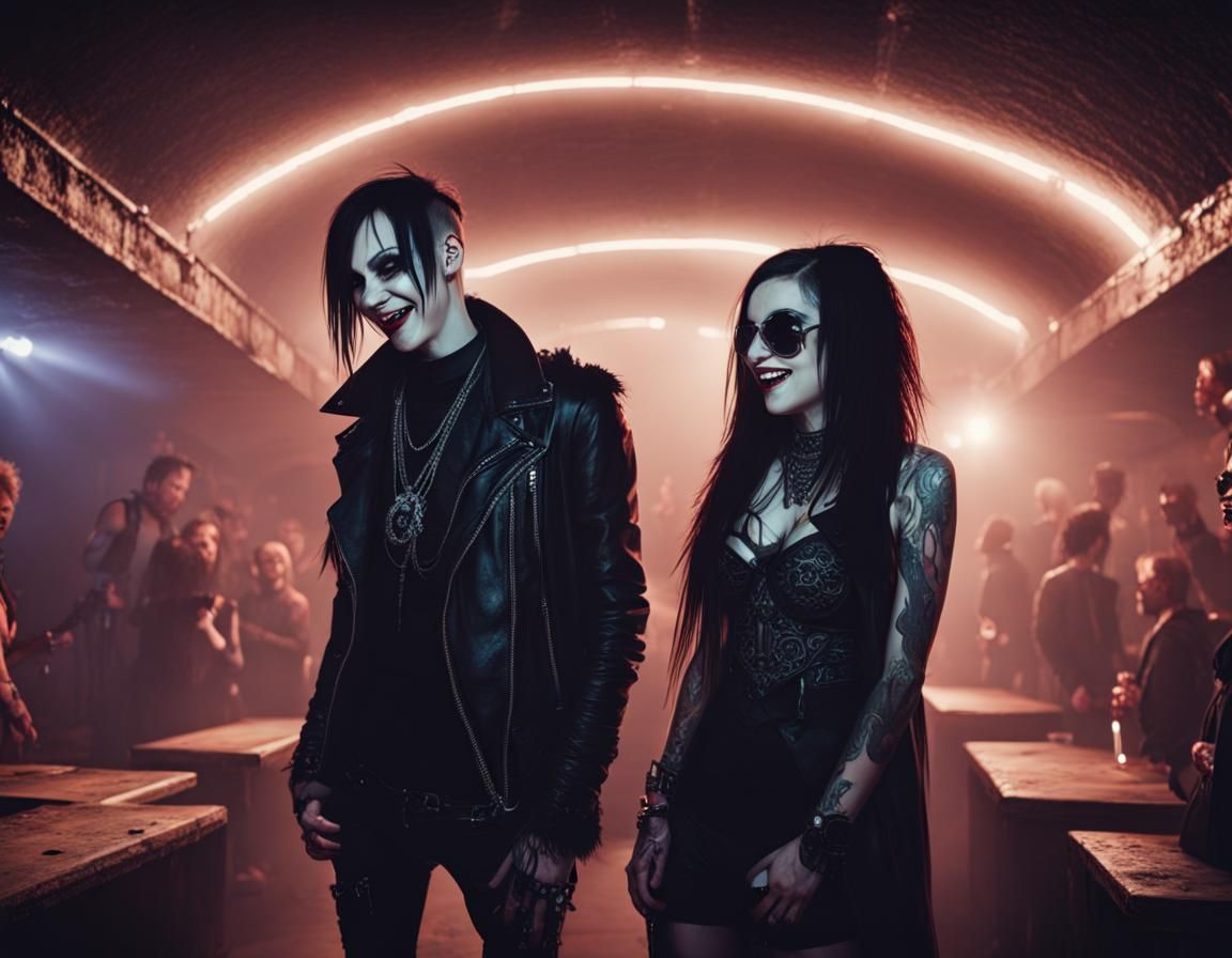 Laughing goths in an underground club, 4k, hyperdetailed, beautiful ...