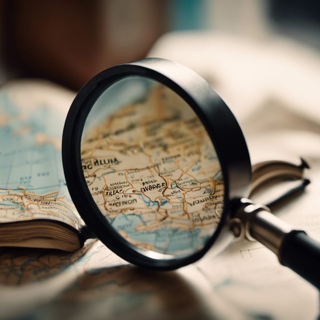 realistic magnifying glass zoomed in on a map uncovering hidden details ...