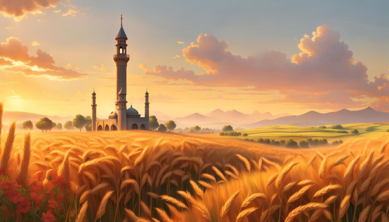 a Studio Ghibli morning scene with a masjid / mosque tall minaret ...