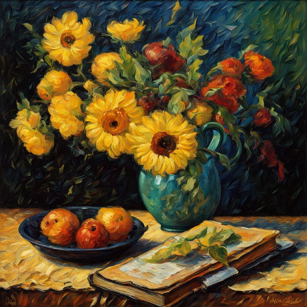 Stillleben: Blume und Buch - Vibrant Neo-Impressionist Still...