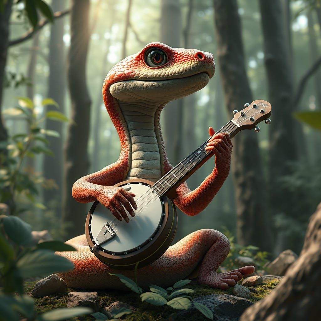 Lizard-like Snake Playing Banjo in a Forest (Realistic Anime)