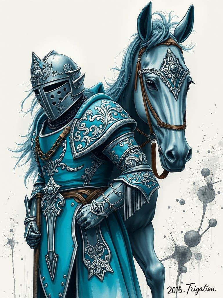 Turquoise Knight - Turquoise Knight in Elegant Ink Painting