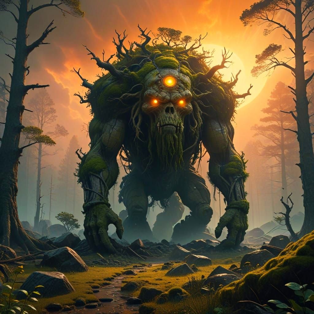 Colossal, twisted, gnarled guardian beast, its body a fusion of ancient ...