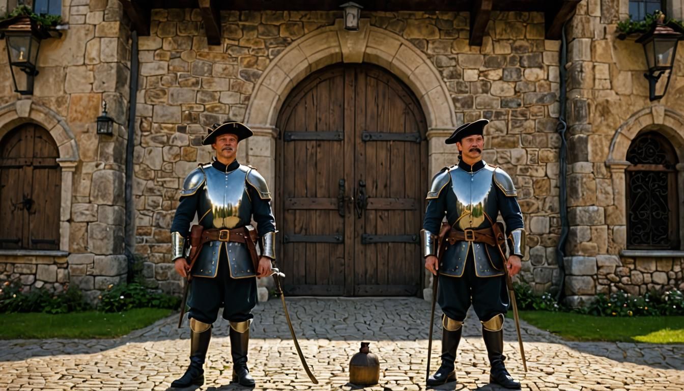 two renaissance village guard in front of a big village gate - AI ...