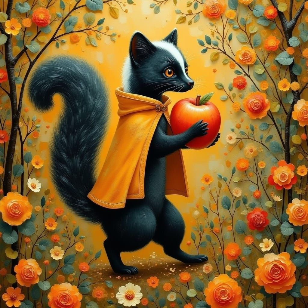 Mr. Skunk Carrying A Peach - Whimsical Skunk in Golden Cloak...
