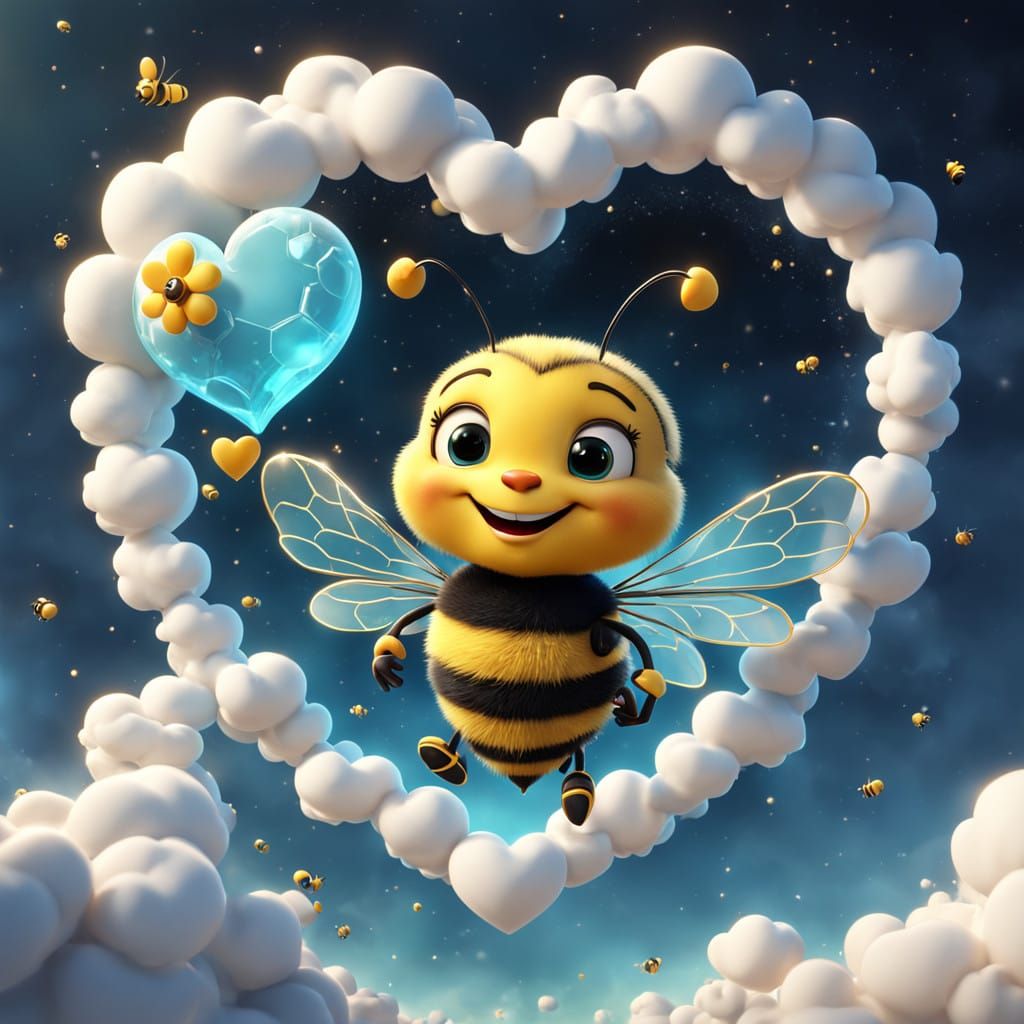 A cute little bee in a cloudish heart portal with a breakable heart.