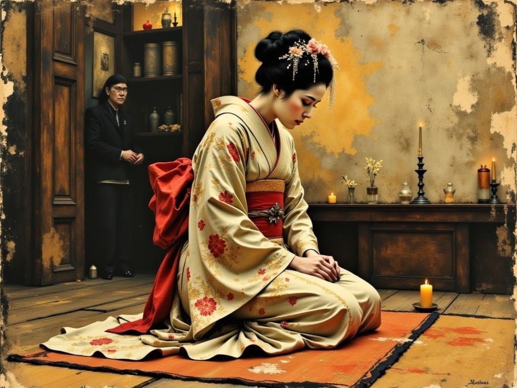 A poignant Romanticized Realism painting of a elegant Geisha taking her ...