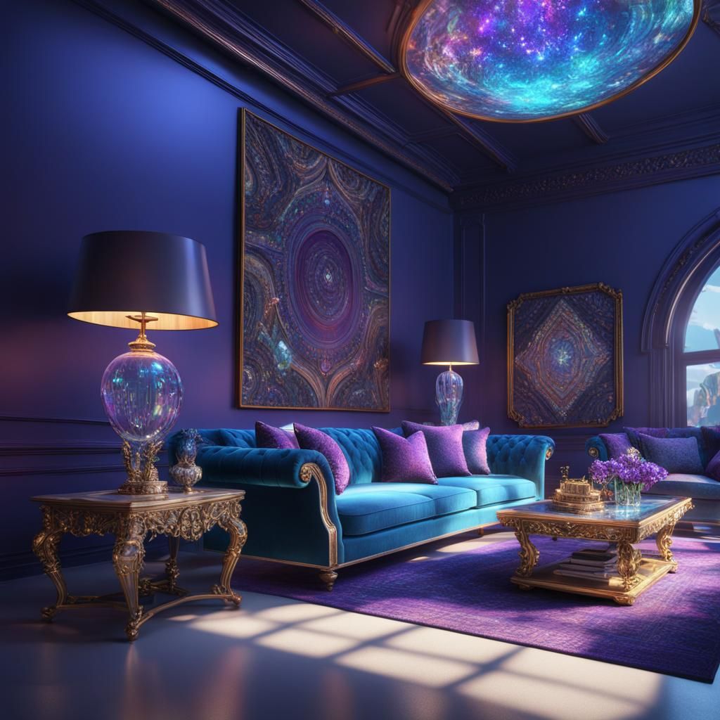 Eccentric eclectic living room with shimmery blue walls with purple holographic accents with ...