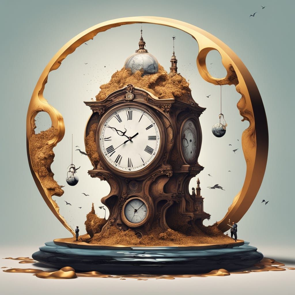 Surreal and fantastical scene of a melting clock in the dreamlike, Dalí ...