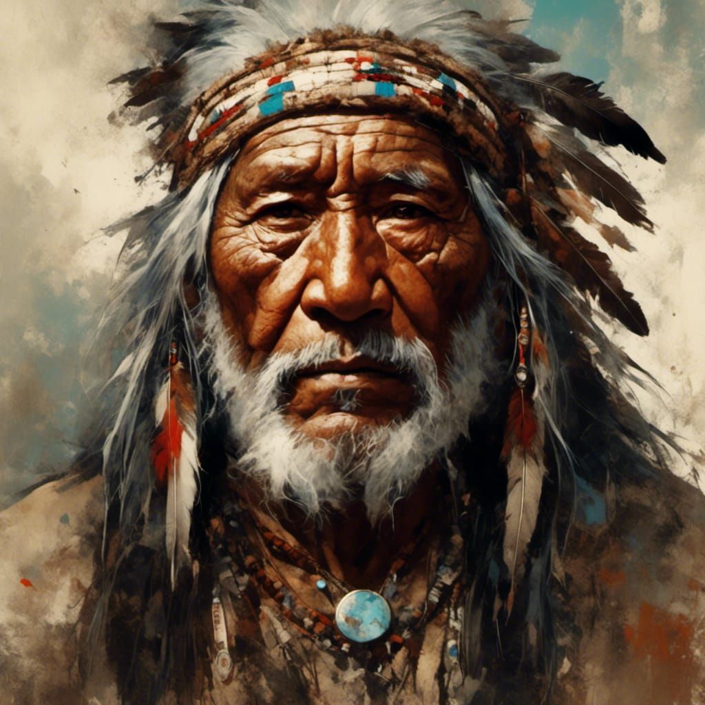 Native American - Vibrant Graffiti Portrait of a Blind Nati...