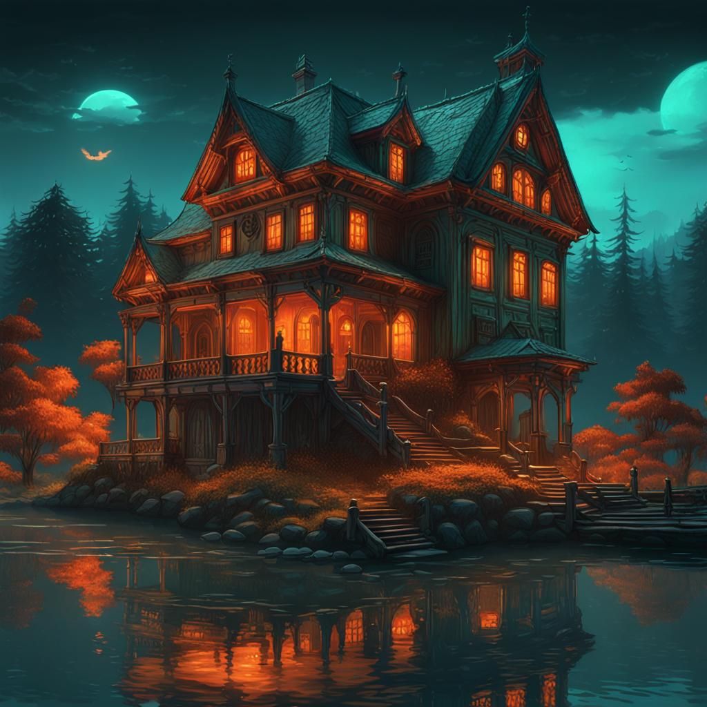 Haunted house by a lake at night in 1970s - AI Generated Artwork ...