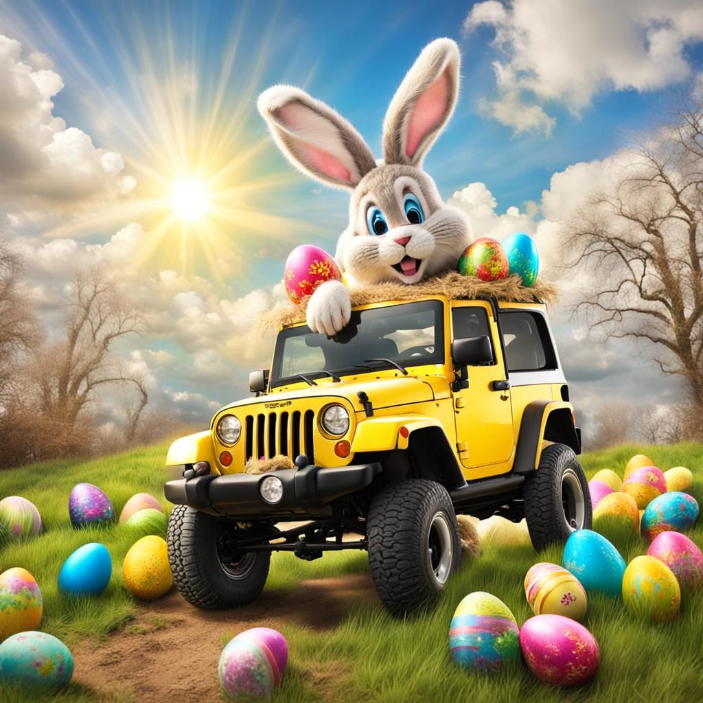 the Easter bunny delivering eggs with a jacked up jeep. kids and adults ...