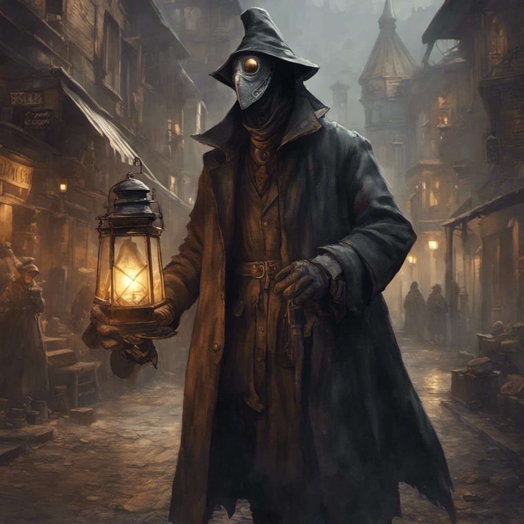 Wandering merchant wearing a plague doctors mask, a long coat, and ...