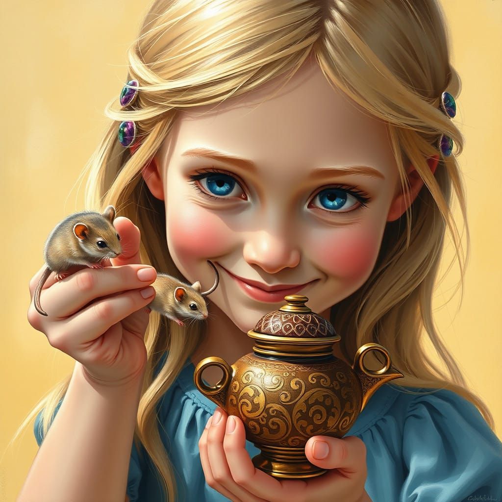 Blond Girl Enchants Mouse and Genie Pot in Whimsic... - AI Art