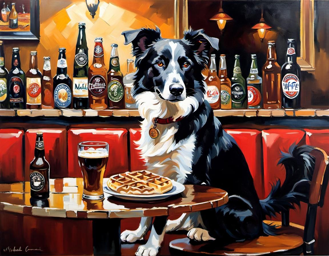 Border collie dog sitting in Belgian pub with beer and waffles on the ...