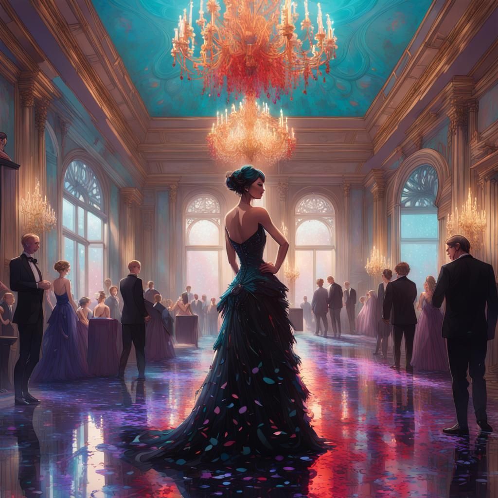 a grand ballroom with a sleek black obsidian floor reflecting a burst ...