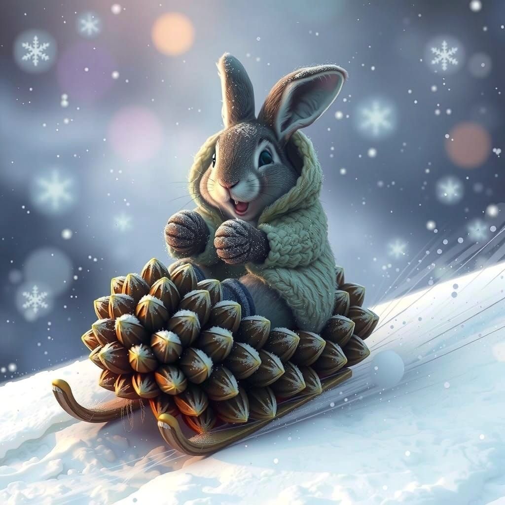 a snow rabbit using a pinecone as a sled and make the rabbit look happy!