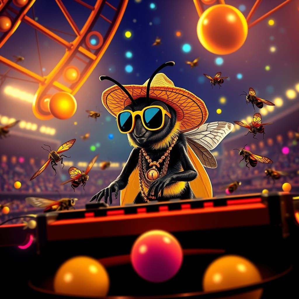 Miniature Bee DJ Spins Vinyl in Sunflower Turntabl... - AI Art
