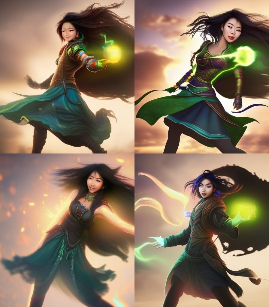 An Asian Female Arcan Trickster Rogue Grinning While casting a Magic Fireball From her hands ...