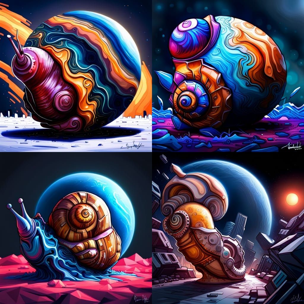 Here is a collage of 4 futurist space snails