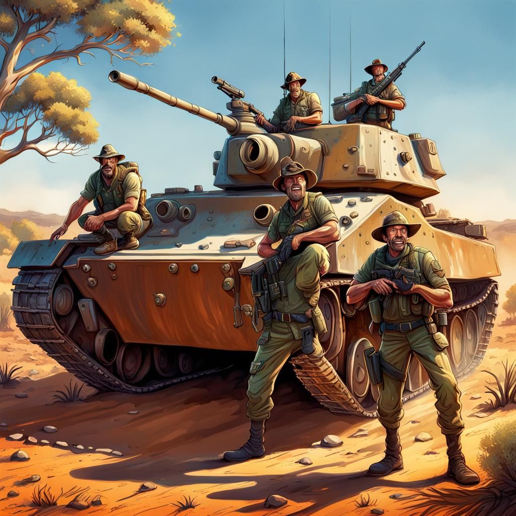 Comical Army Soldiers. Cowboy. Headlights. Eyes. Military Tank. Lost in ...