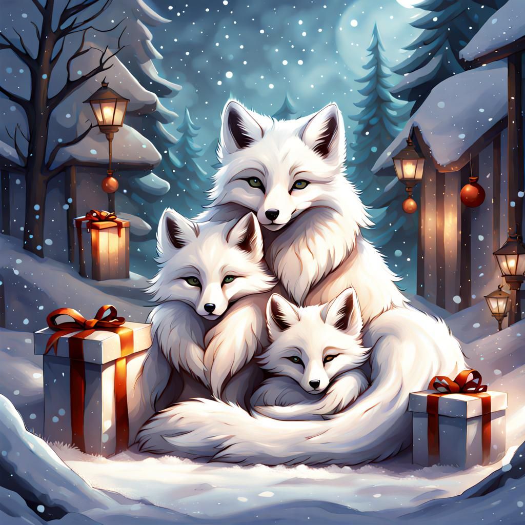 A beautiful fluffy polar fox family, cuddling under a fluffy white ...