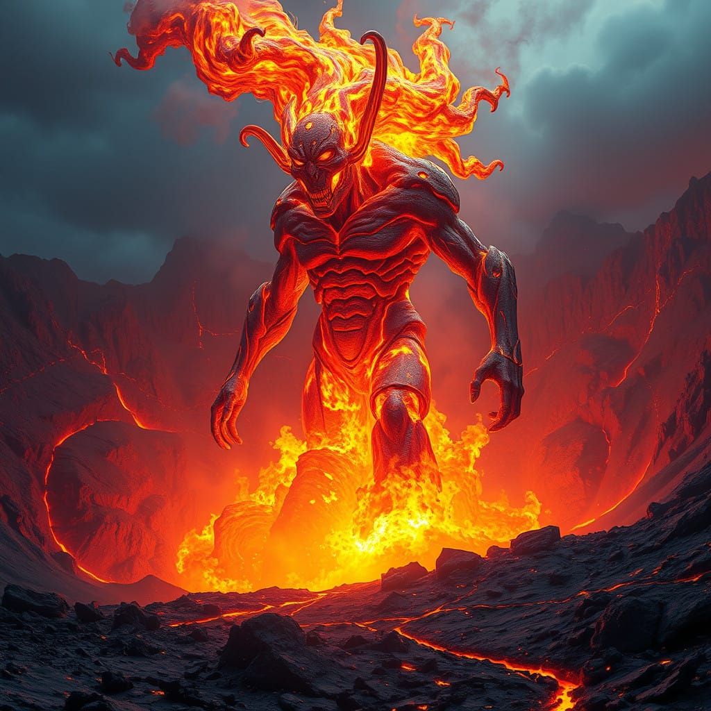 Hyper-Realistic Magma God Rises from Volcanic Cald... - AI Art