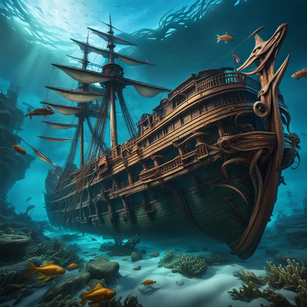 Giant squid protecting a ship wrecked 18th century wooden ship, with ...