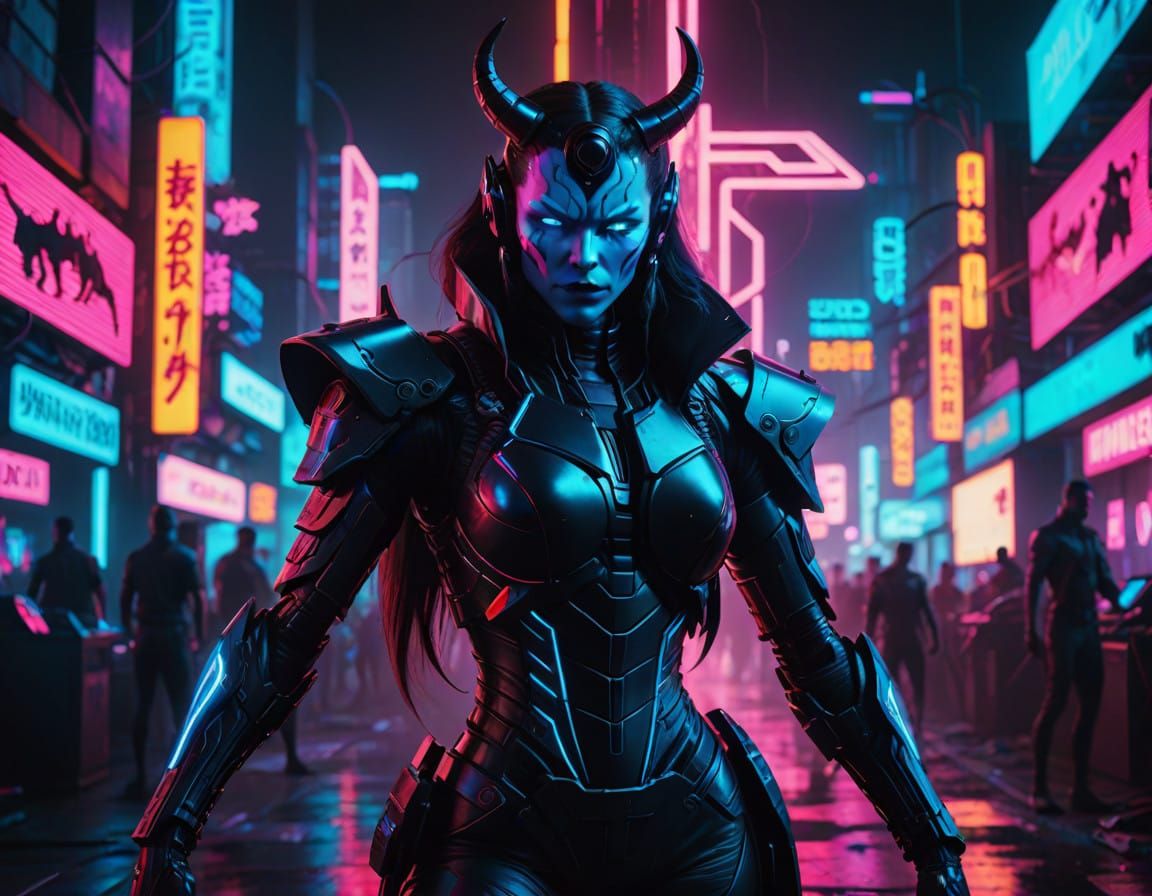 stunningly beautiful female cyberpunk demon-android