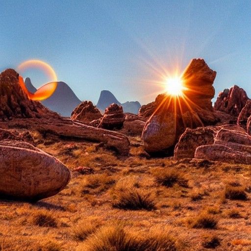 An otherworldly landscape with two suns in the sky, and strange rock ...