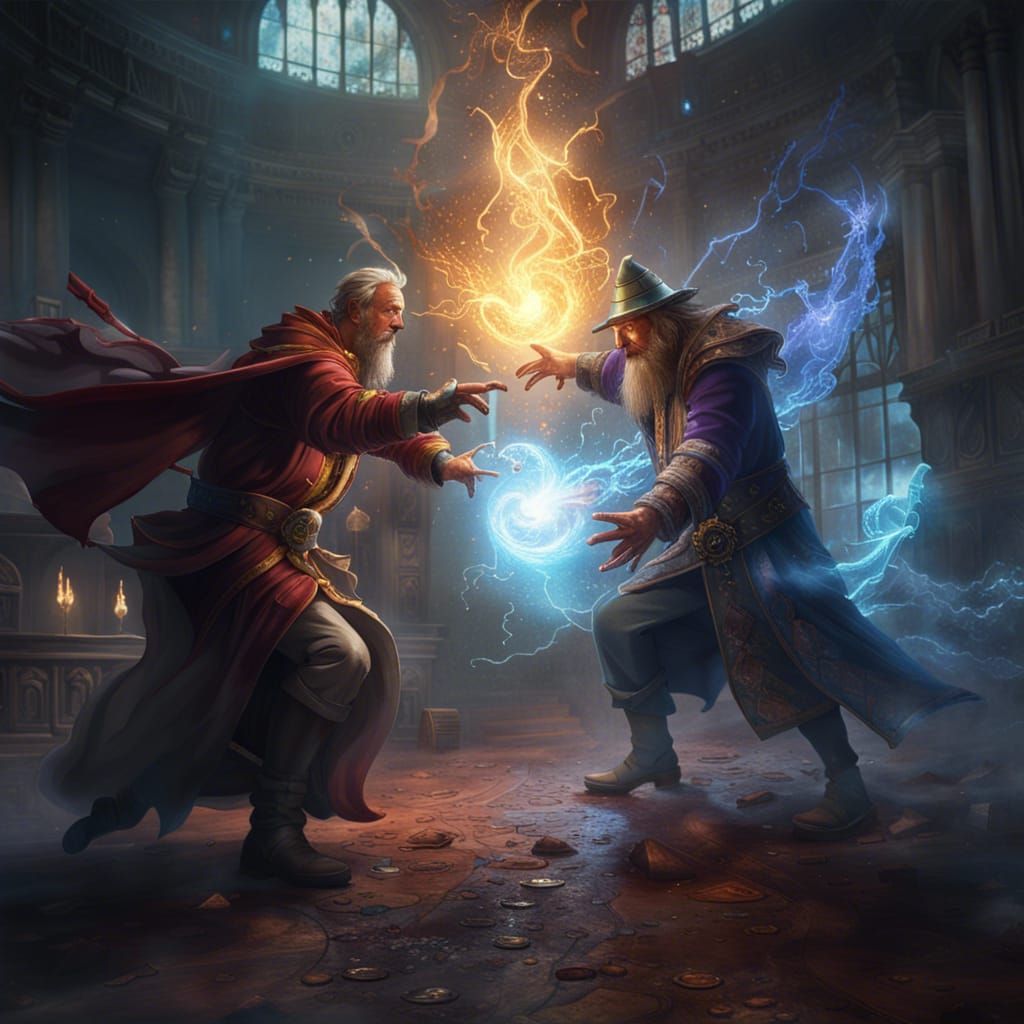 two wizards fighting each other with magic in a glass castle - AI ...