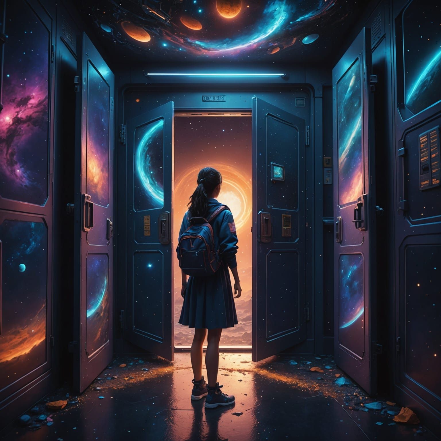 Girl Discovers Cosmic Gateway in School Locker - AI Art