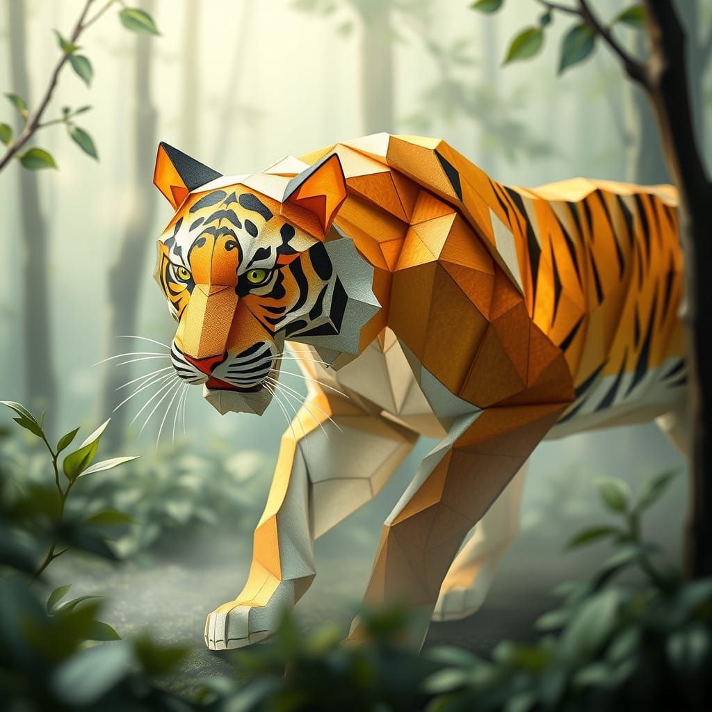 Origami Tiger Prowls through Whimsical Forest in S... - AI Art