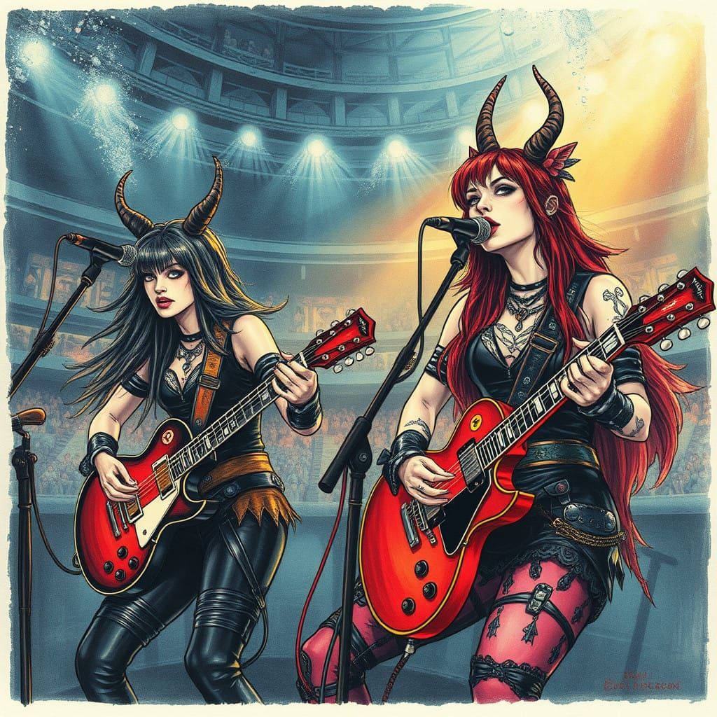 Portrait of siren goth biker babes, playing their instruments and ...