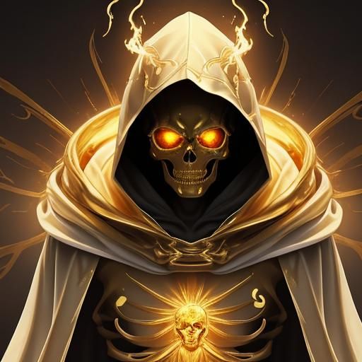 a flaming golden skeleton god, with white hood, with gold and white ...