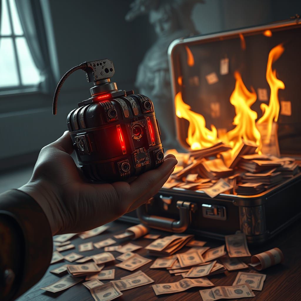 Eerie Package Bomb on Human Hand with Burning Bank... - AI Art