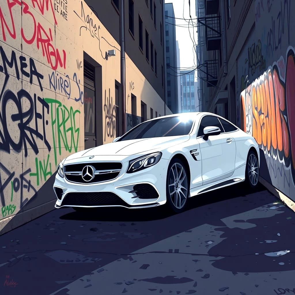 white Mercedes - Cel-Shaded Cityscape with a 2025 White Merc...
