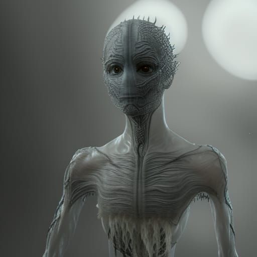 an alien with a pale marble skin, a thin, almost transparent, skin ...