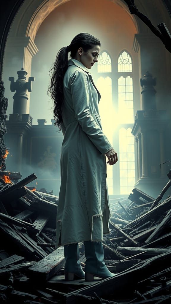 Amidst the charred remnants of the castle's laboratory, she stands—a ...