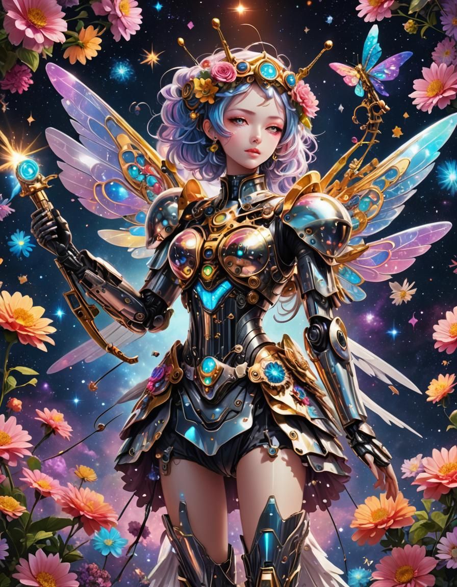 (hyper detailed shiny artwork of a beautiful robot magical girl with ...
