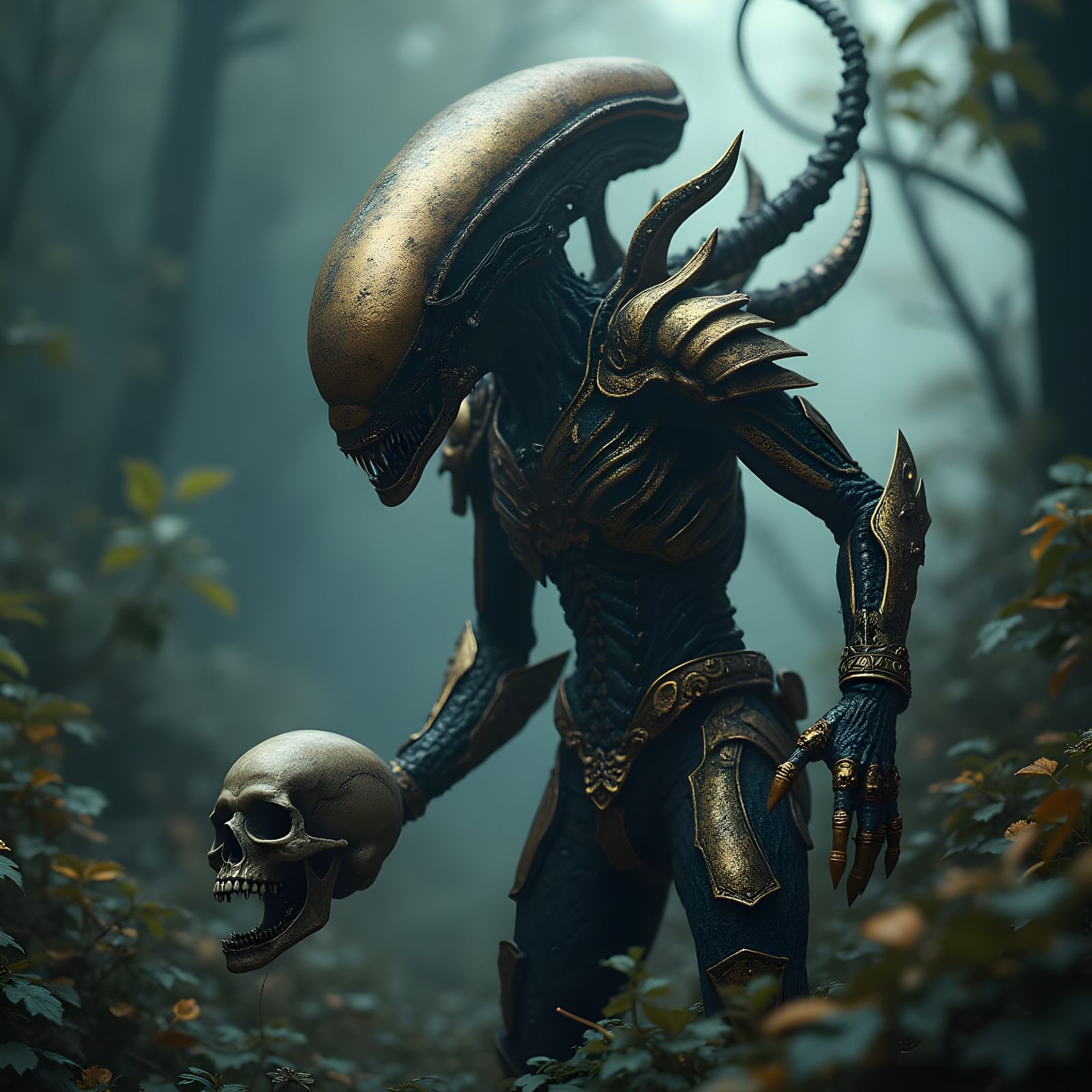 Golden Predator Alien Reveals Human Skull in Epic ... - AI Art