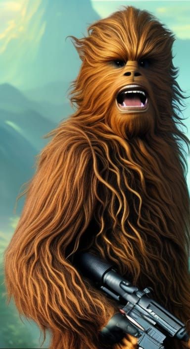 advanced realism very-real-looking unkept wild-haired Chewbacca with a ...