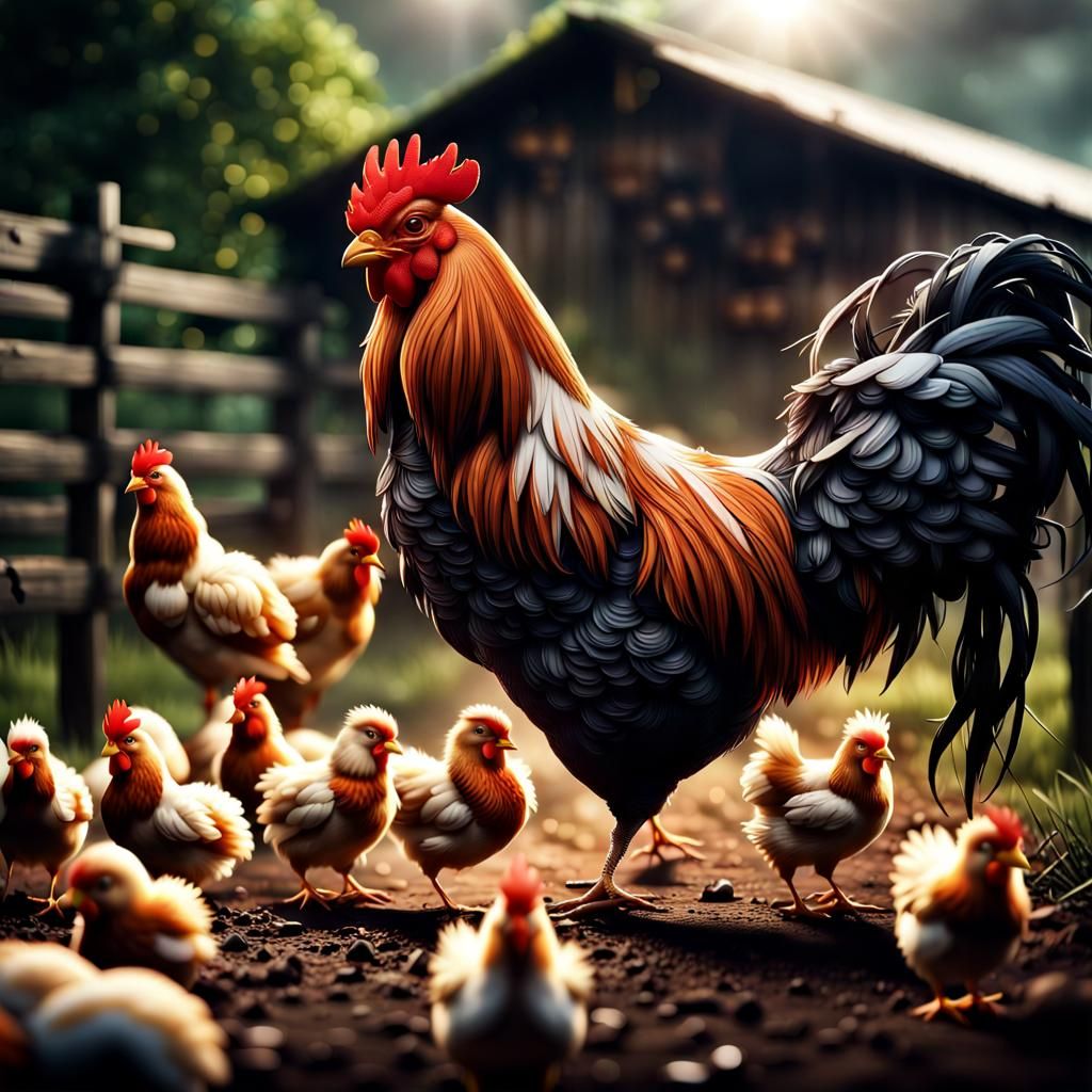 The rooster and the chickens - AI Generated Artwork - NightCafe Creator