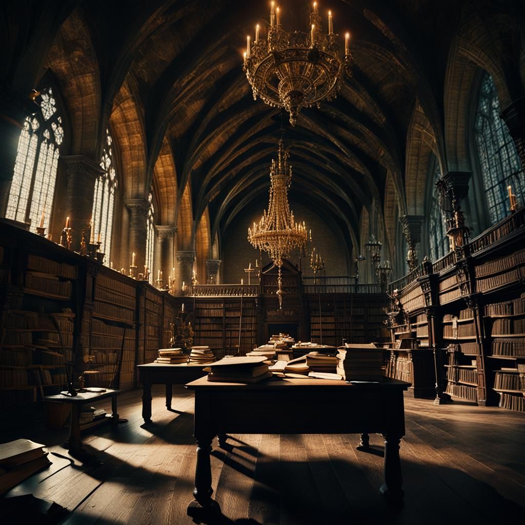 (Medieval_abbey_library_full_of_ancient_books_desks_chandeliers)(dark ...